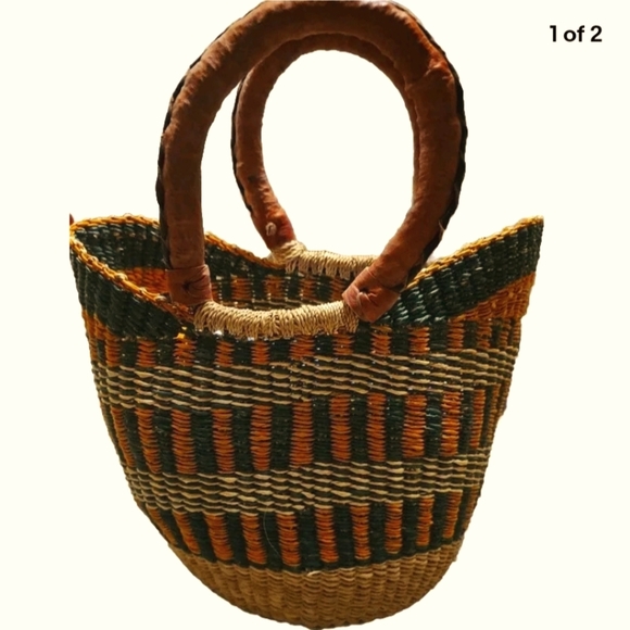 Bags | African Style Small Woven Straw Basket Leather Handles 12 | Poshmark
